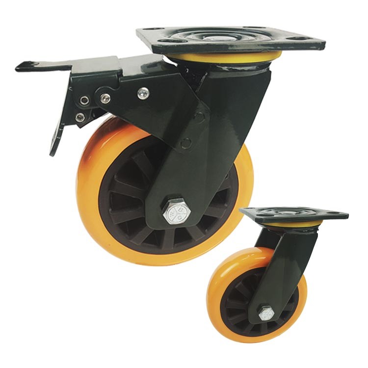 230kg Loading Heavy Duty Swivel Casters With Brake , Orange PU 5 Inch ...